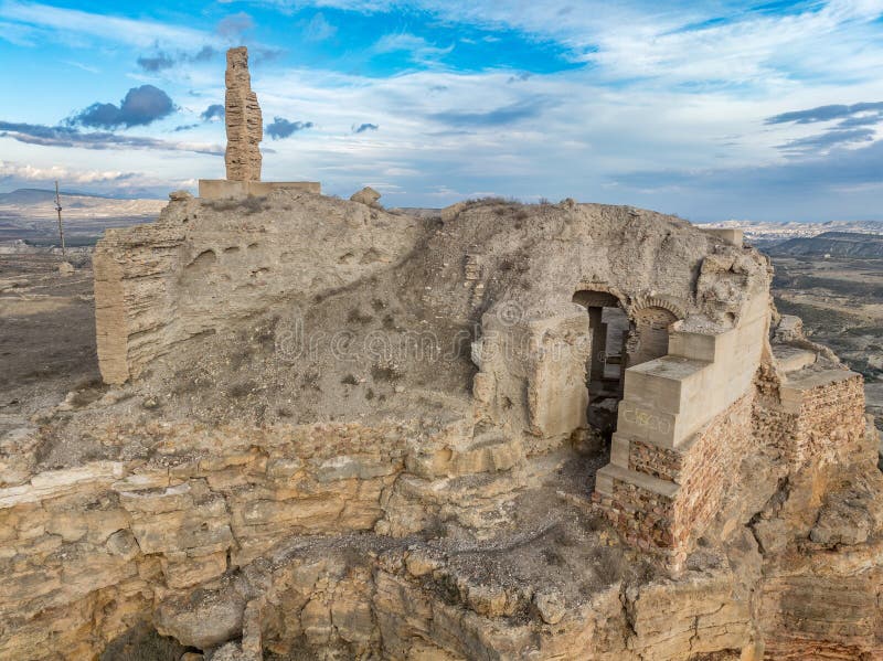Aerial View of Alcala Castle on Top of a Flat-top Limestone Mountain ...