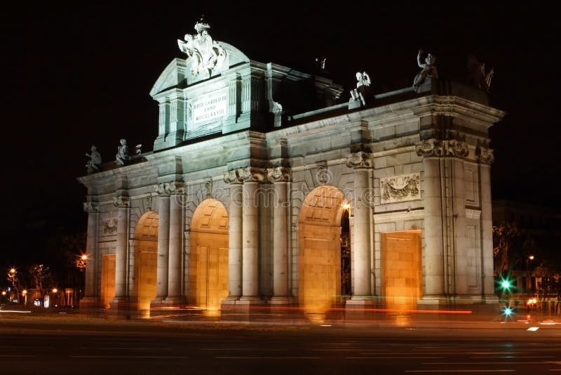 Alcala Gate in Madrid by Night Stock Photo - Image of momument ...