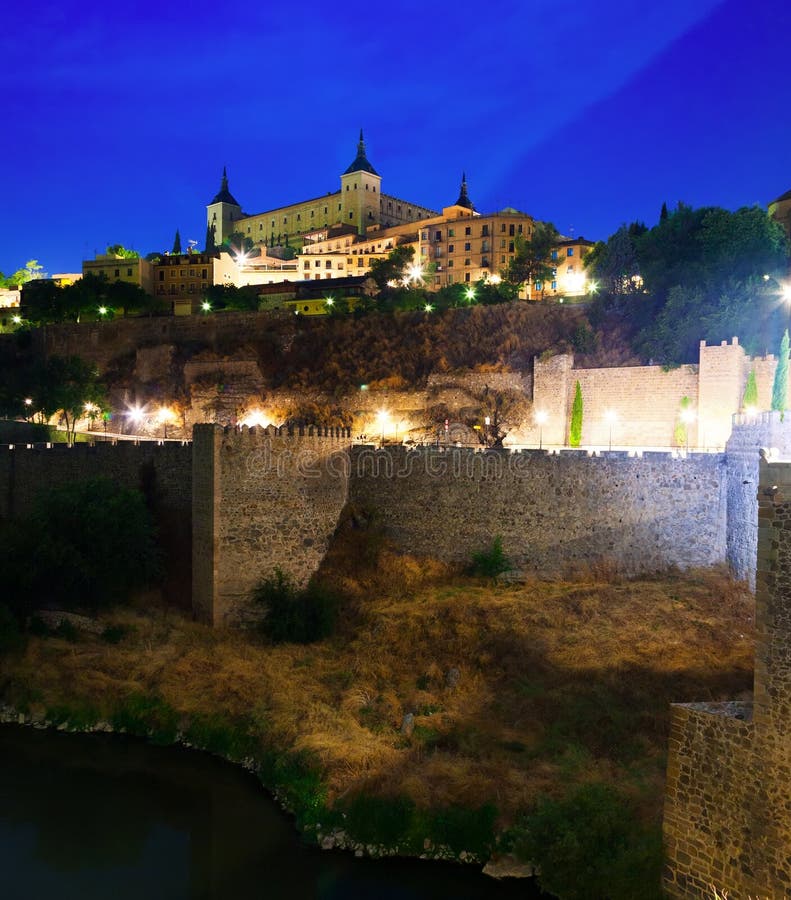 Alcazar from River in Night. Toledo, Spain Stock Photo - Image of ...