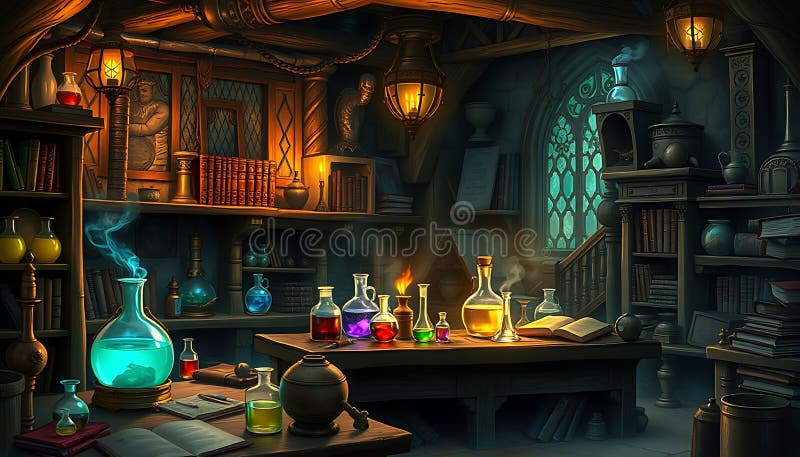 Alchemist Lab Interior Fantasy, Magic Workspace Setting, Stock Photo ...