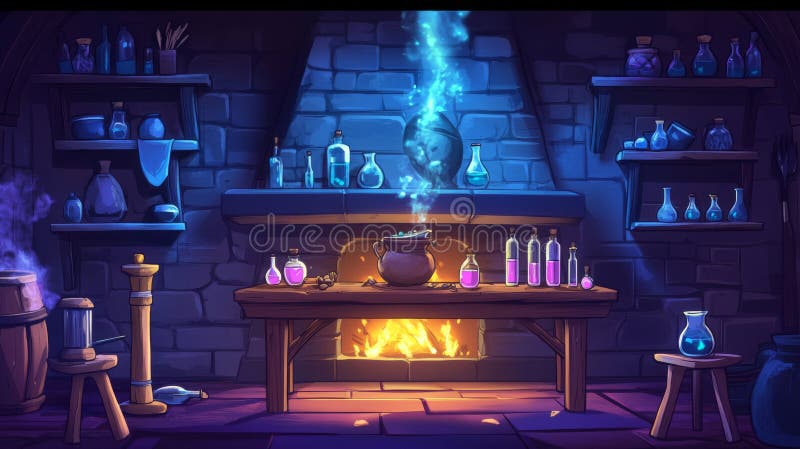 Alchemist S Potion Lab in a Cozy Fireplace Setting Stock Illustration ...
