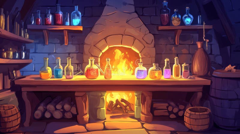 Alchemist S Potion Lab in a Cozy Fireplace Setting Stock Illustration ...
