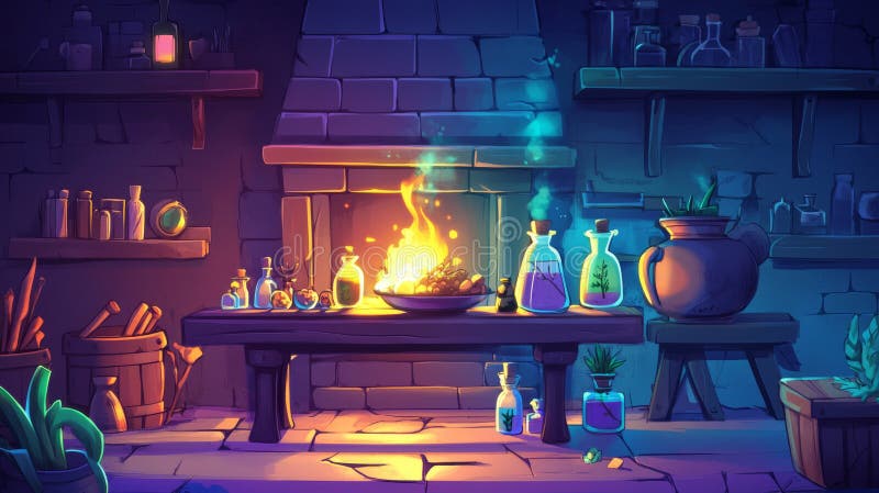 Alchemist S Potion Lab in a Cozy Fireplace Setting Stock Illustration ...