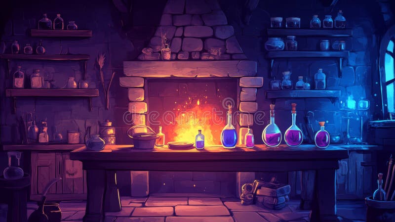 Alchemist S Potion Lab in a Cozy Fireplace Setting Stock Illustration ...