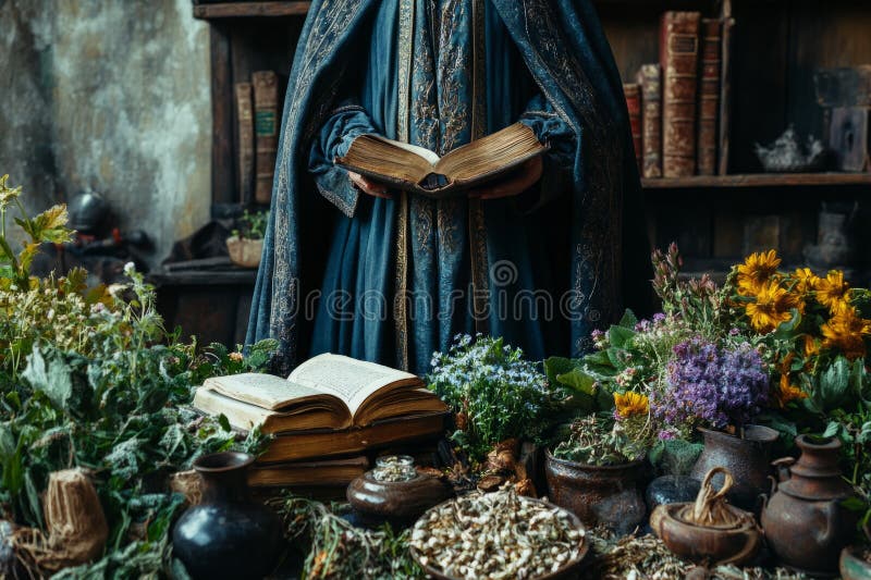 Alchemist Wearing a Blue Robe Reading a Spellbook Surrounded by Herbs ...