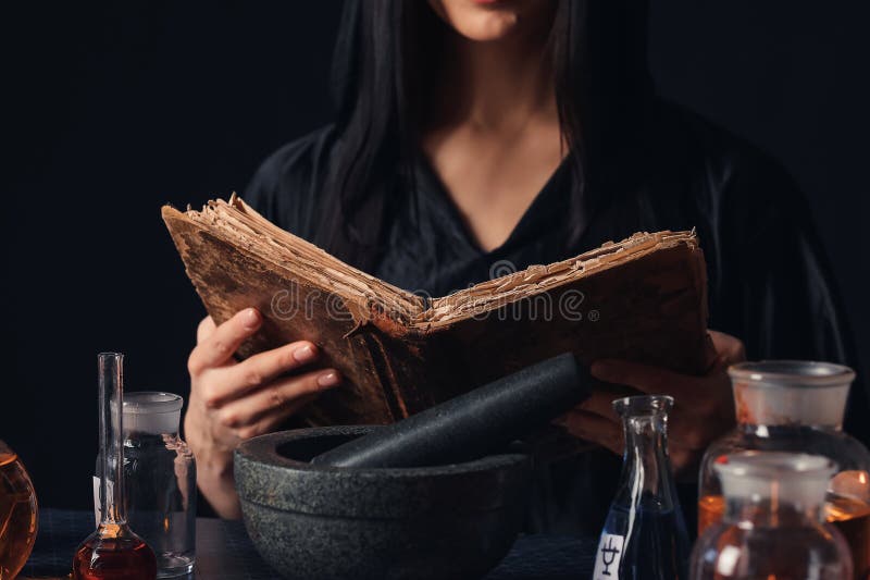 Female Alchemist Making Potion on Dark Background Stock Image - Image ...