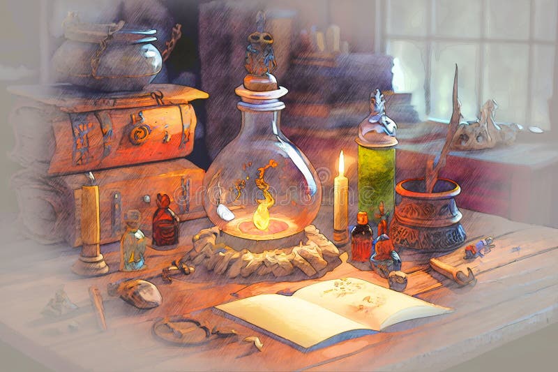 Alchemist Worktable. Wizard Laboratory, Illustration in Sketch Style ...