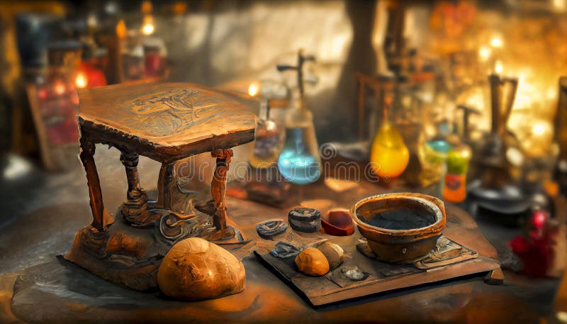Alchemist Worktable. Wizard Laboratory with Scientific Flasks and ...
