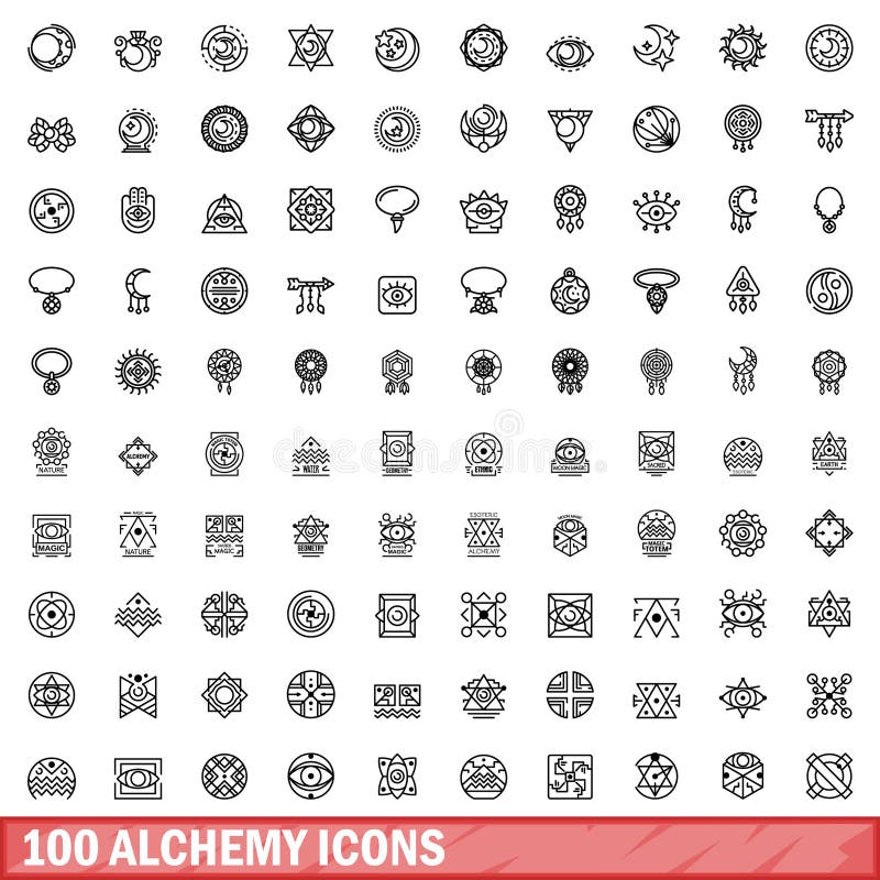 100 Alchemy Icons Set, Outline Style Stock Vector - Illustration of ...