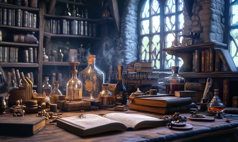 Alchemy Laboratory with Books, Potions, and Artifacts Stock Image ...