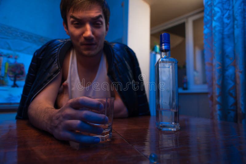 Alcohol Addicted Man Sitting in Kitchen at Home. Stock Image - Image of ...