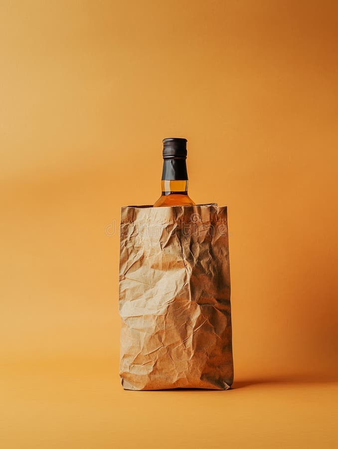 Alcohol Bottle Wrapped in a Brown Paper Bag on Orange Background. Stock ...