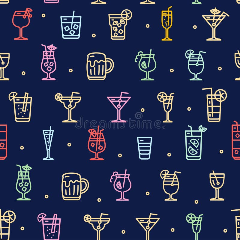 Alcohol Cocktail Signs Seamless Pattern Background on a Blue. Vector ...