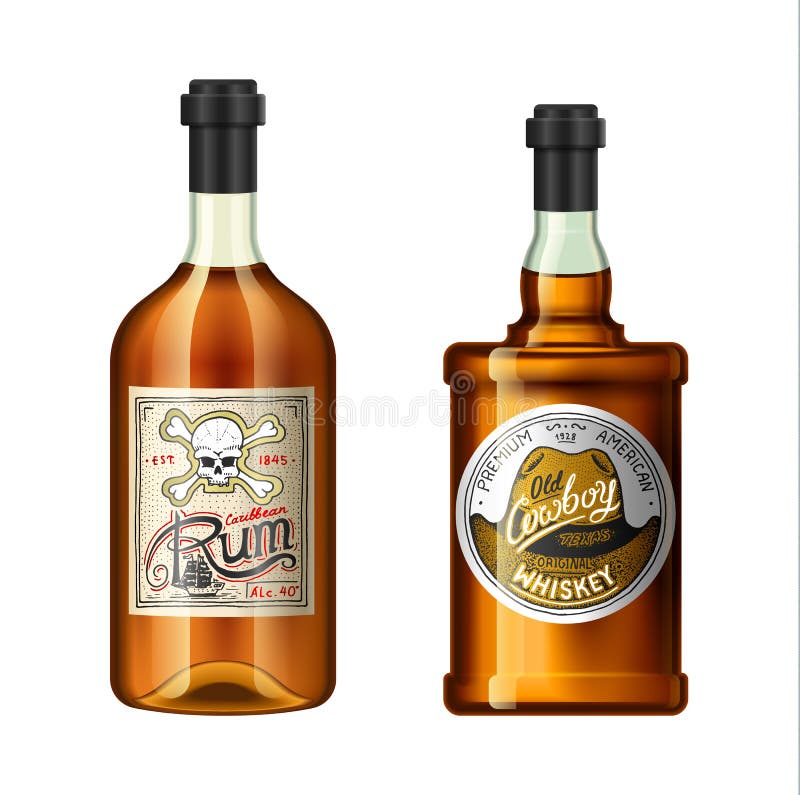 Alcohol Drinks in a Bottle with Different Vintage Labels. Realistic ...