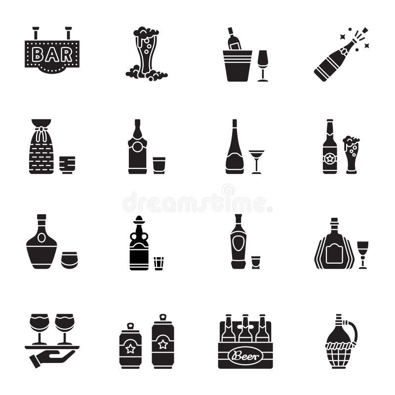 Alcohol Drinks Icon Black Glyph Set. Bottles, Glasses for Restaurants ...