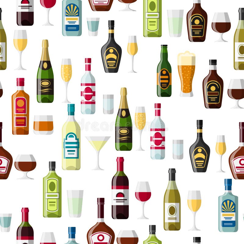 Alcohol Drinks Seamless Pattern. Bottles, Glasses for Restaurants and ...
