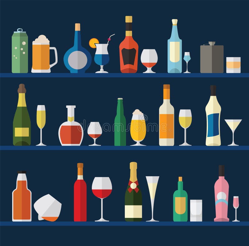 Alcohol Glasses and Bottles Flat Icon Set. Different Alcohol Beverages ...