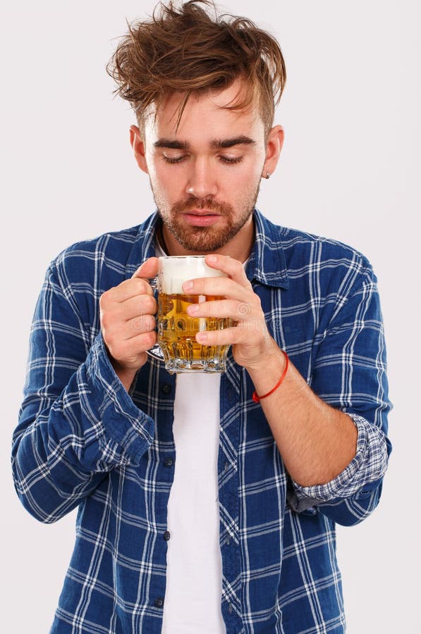 Alcohol. Guy in Blue Shirt with Beer Stock Photo - Image of bristle ...