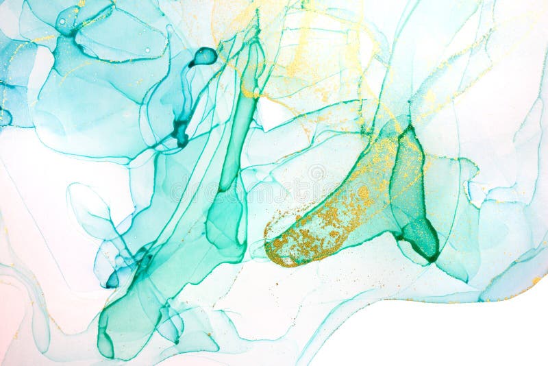 Alcohol Ink Blue and Green Transparent Stains on White Background ...