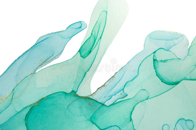 Alcohol Ink Blue and Green Transparent Stains on White Background ...