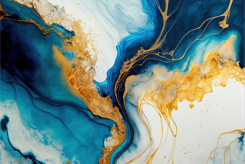 Alcohol Ink Colors. Abstract Multicolored Blue and Gold Texture ...