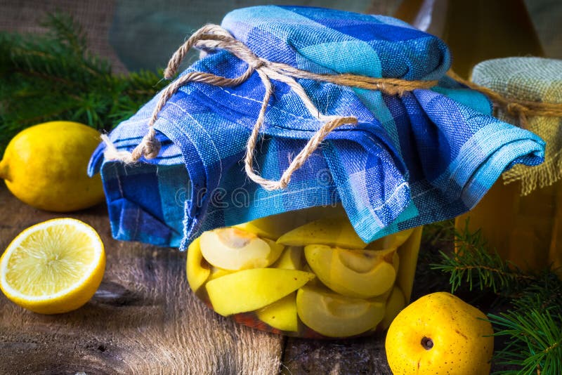 Alcohol Jar Quince Liqueur Sliced Fruit Prepare Wooden Setting Stock ...