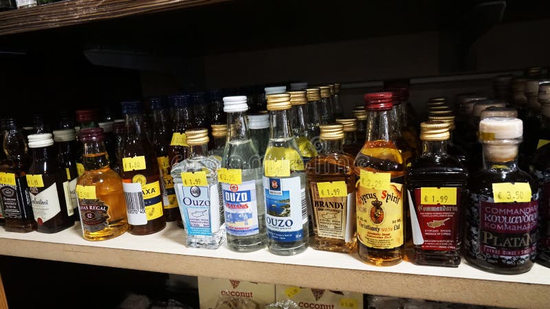Alcohol in Small Bottles in the Shop on the Counter in Cyprus Editorial ...