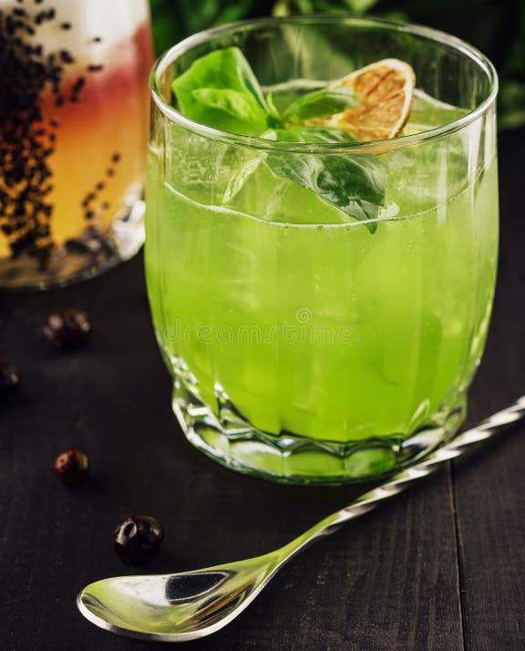 Alcoholic Cocktail Basil Smash with Green Basil Stock Photo - Image of ...