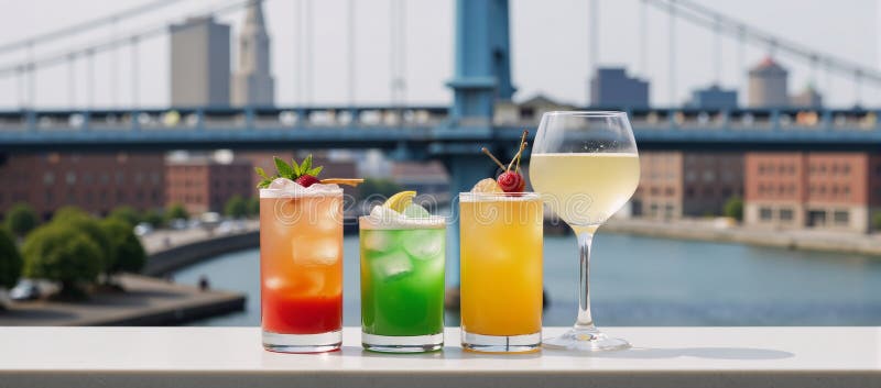 Alcoholic Cocktails Displayed in Glassware on a City Bridge Stock ...