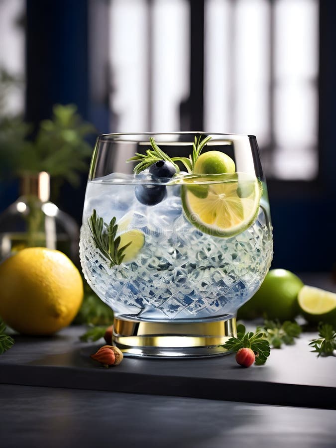Alcoholic Drink Gin Tonic Cocktail with Lemon, Rosemary and Ice Stock ...