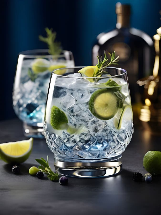Alcoholic Drink Gin Tonic Cocktail with Lemon, Rosemary and Ice Stock ...