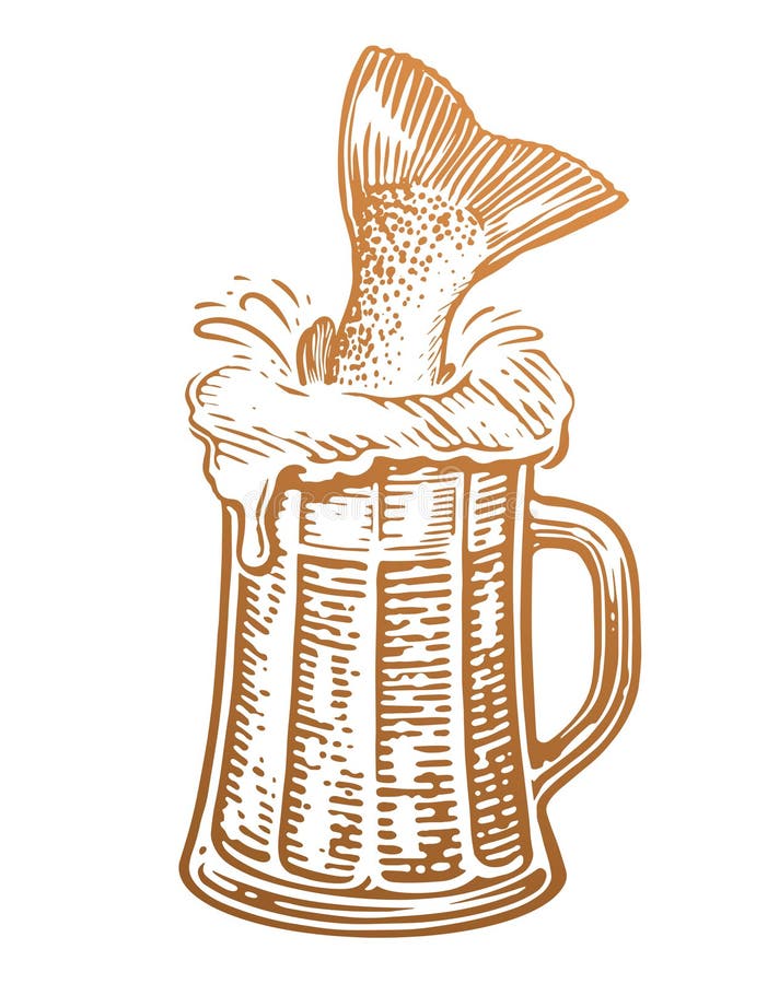 Mug of Beer and Fish Tail. Alcoholic Drink, Pub Vector Illustration ...