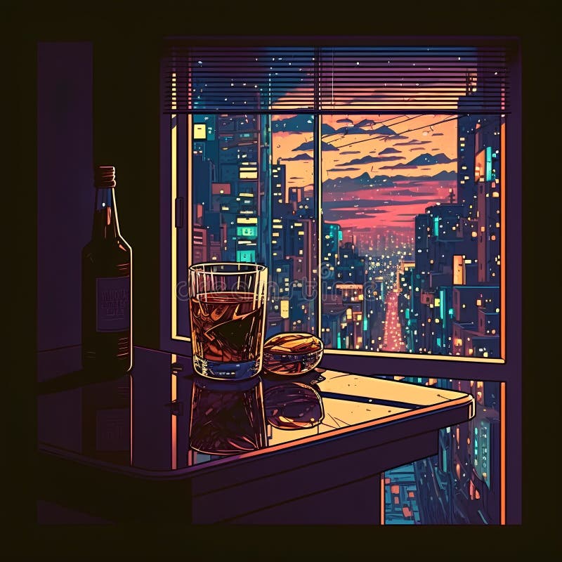 Alcoholic Drink on the Table in the Night City. Vector Illustration ...