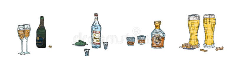 Alcoholic Drinks in Glasses and Bottles Drawings Stock Vector ...