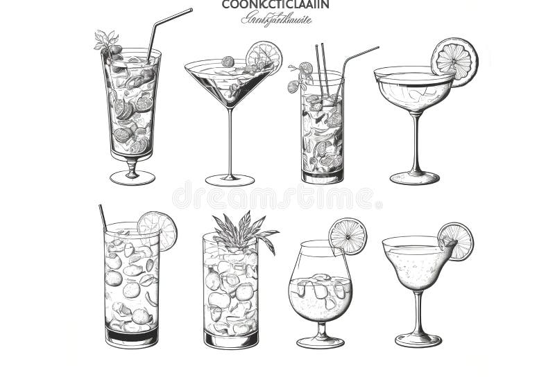 Alcoholic Drinks Line Drawing Collection. Bar Menu Stock Illustration ...