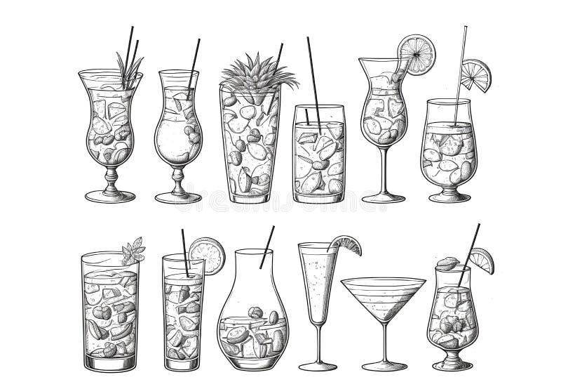 Alcoholic Drinks Line Drawing Collection. Bar Menu Stock Illustration ...