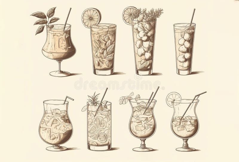 Alcoholic Drinks Line Drawing Collection. Bar Menu Stock Illustration ...