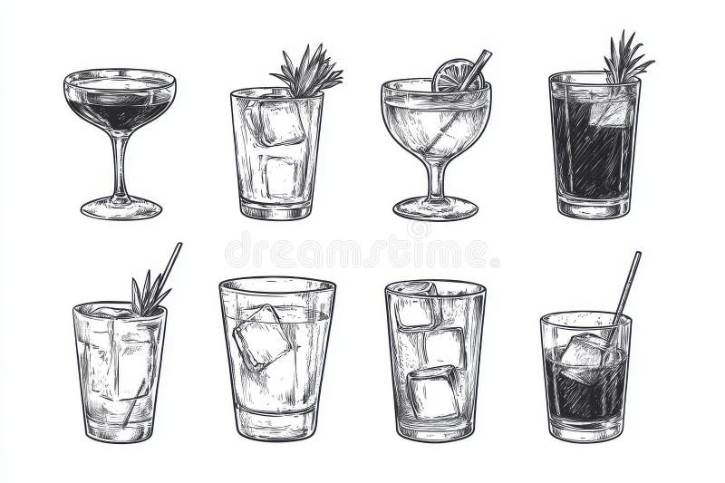 Alcoholic Drinks Line Drawing Collection. Bar Menu Stock Photo - Image ...