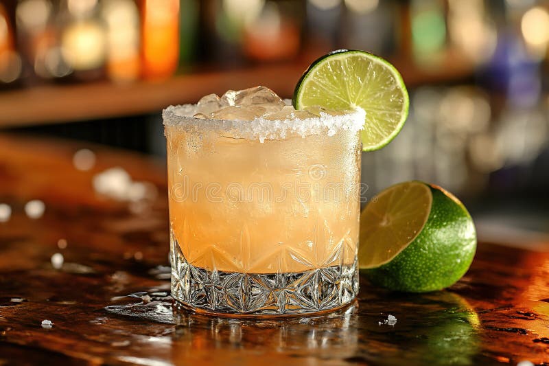 An Alcoholic Margarita Cocktail Garnished with Half a Lime Stands on ...