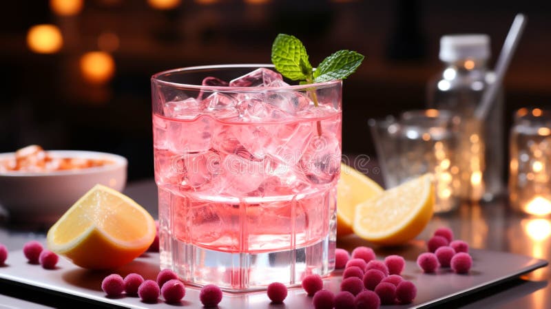 Alcoholic Pink Cocktail with Lemon and Ice in a Glass on a White Table ...