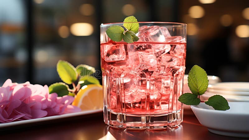 Alcoholic Pink Cocktail with Lemon and Ice in a Glass on a White Table ...