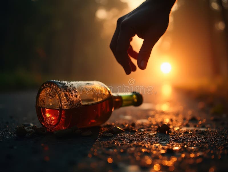 Alcoholic Reaching for the Light with Broken Bottle at Sunset Stock ...