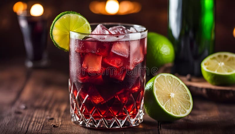 Alcoholic Red Wine and Cola Cocktail with Lime Stock Illustration ...