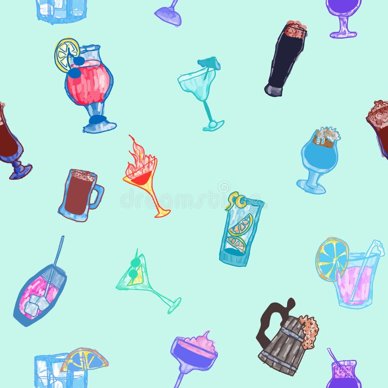 Alcoholic Seamless Pattern with Doodle on the Fabric Stock Illustration ...