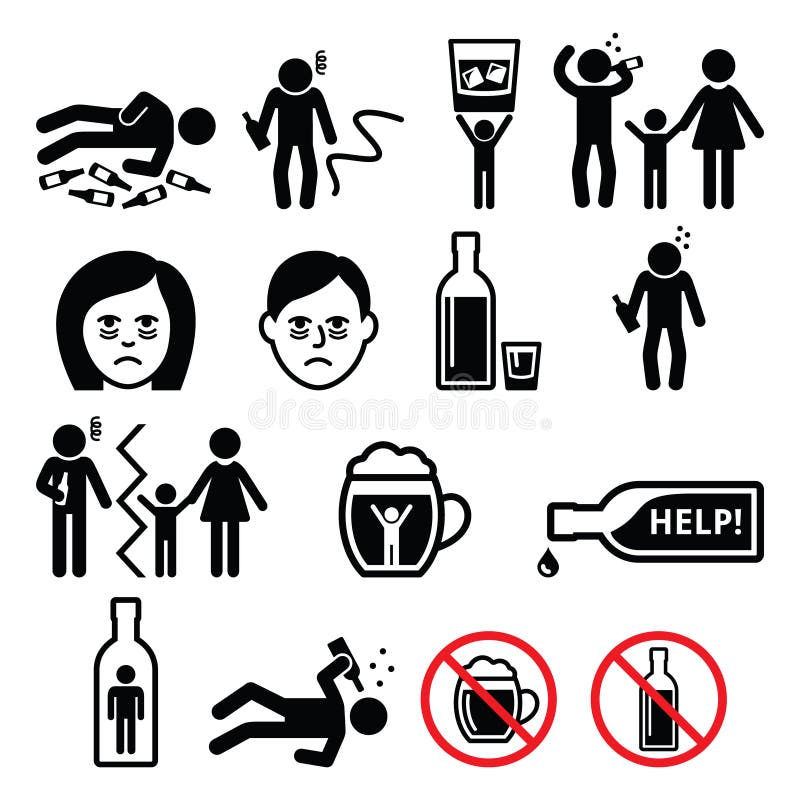 Alcoholism, Drunk Man, Alcohol Addiction Icons Stock Illustration ...