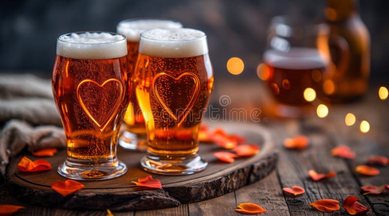 Ale Glasses Filled with Heart Shaped Beer on Wood Stock Photo - Image ...