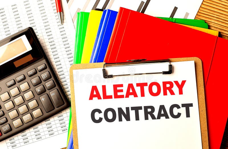 ALEATORY CONTRACT Text on Clipboard with Calculator and Color Folder ...