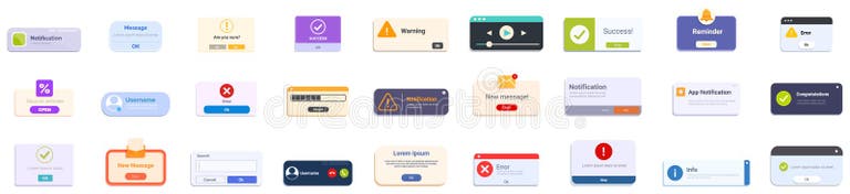 Alert Box Ui Icons Set. Set of Various Pop Up Windows Displaying Notifications, Messages and ...