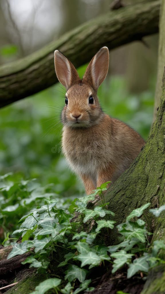 Alert Brown Rabbit Peeks Around a Mossy Tree Trunk in a Leafy Green ...