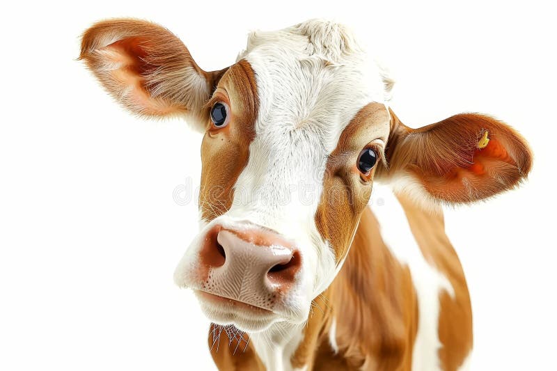 Alert Brown and White Dairy Cow on White Background for Agricultural ...